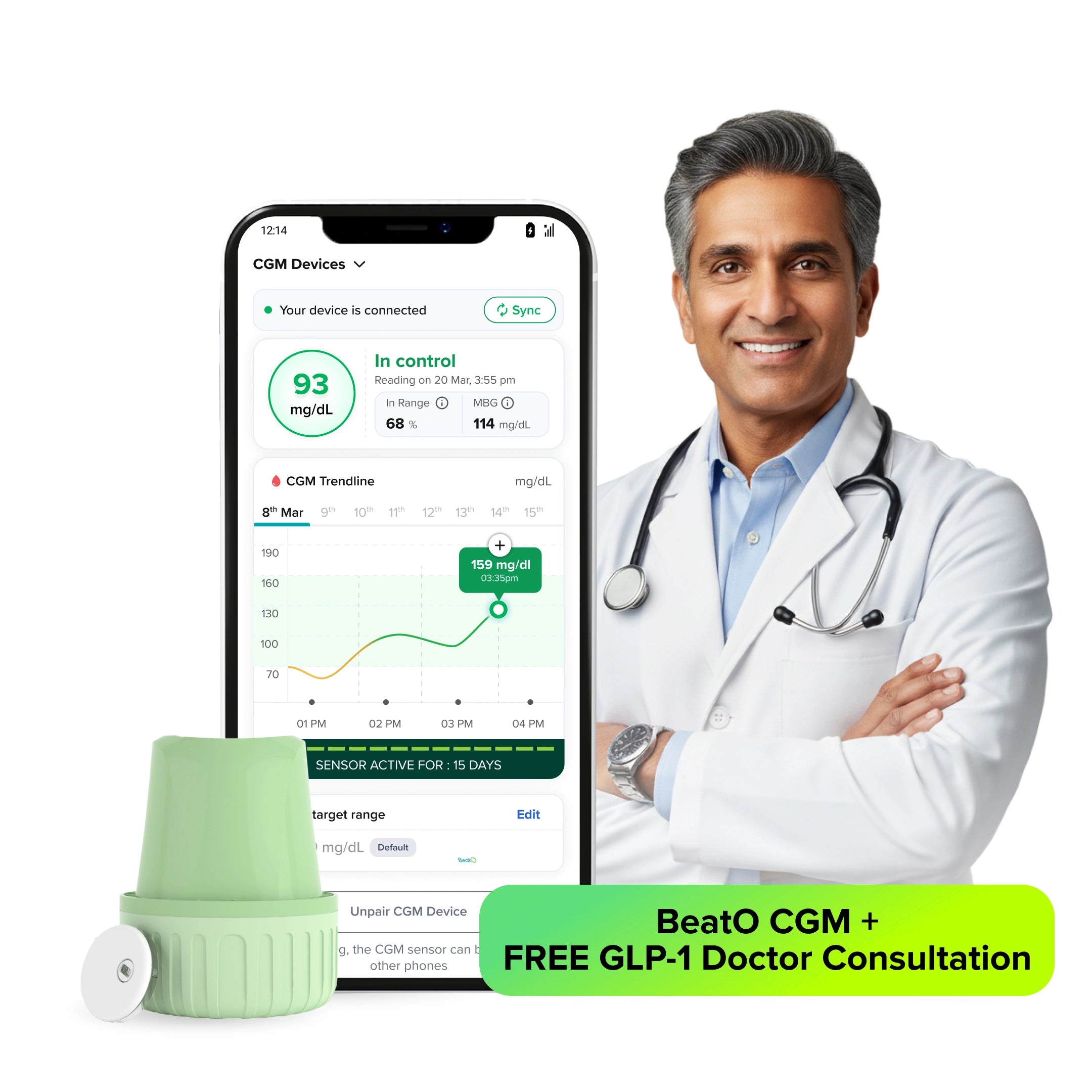 BeatO CGM + Free GLP-1 Doctor Consultation | 15-Day Real-Time Glucose