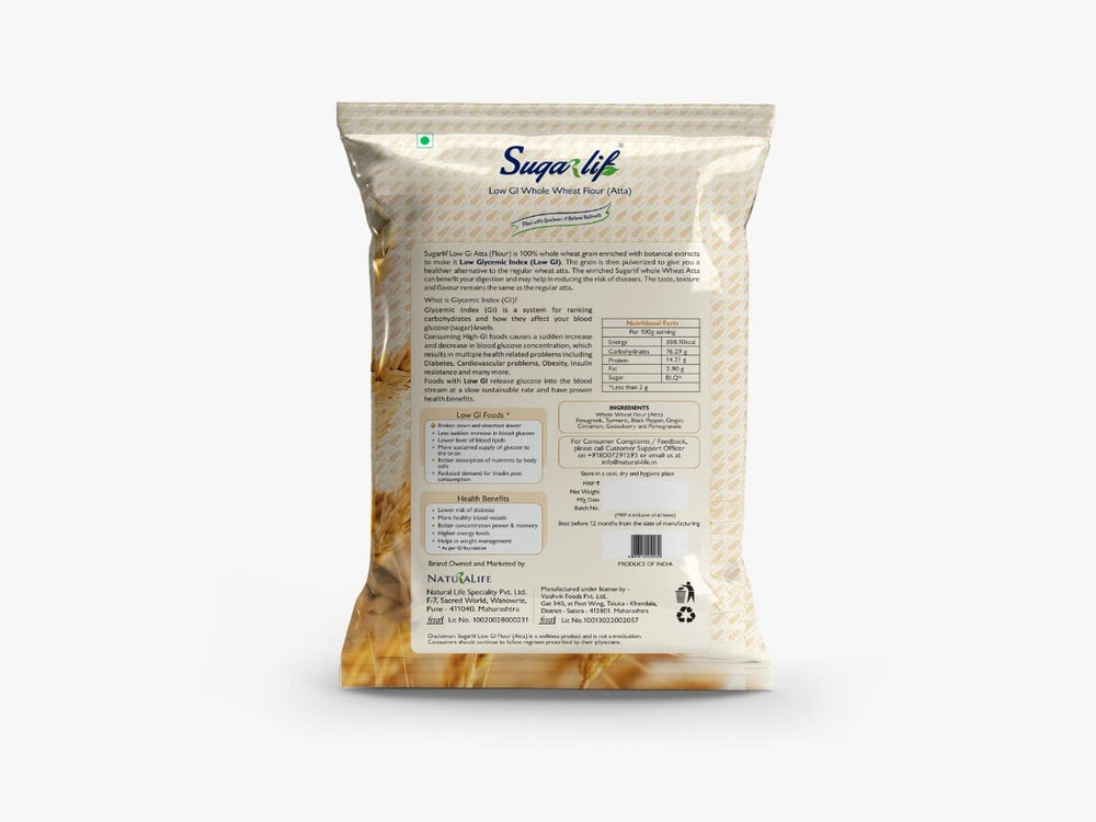 Sugarlif Low GI whole wheat Atta (Flour)| Low Glycemic Index | 1kg